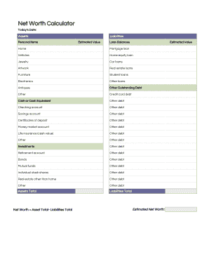 Fillable Online Net Worth Calculation Worksheet - National Caregivers ...