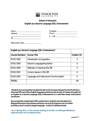 Fillable Online English as a Second Language (ESL) Endorsement Fax ...