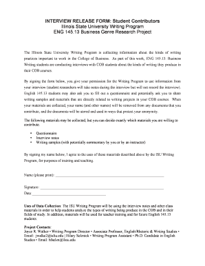 Fillable Online INTERVIEW RELEASE FORM: Student Contributors Fax Email ...