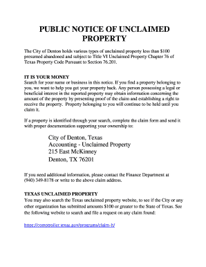 Fillable Online PUBLIC NOTICE OF UNCLAIMED Fax Email Print - pdfFiller