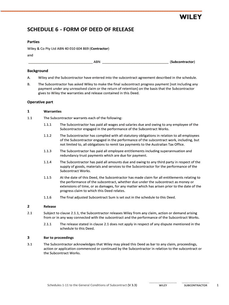 Fillable Online SCHEDULE 6 - FORM OF DEED OF RELEASE Fax Email Print ...