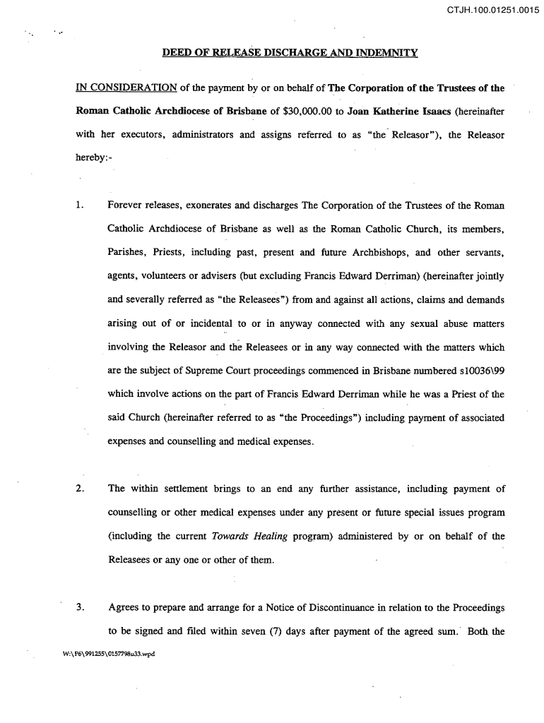 Fillable Online DEED OF RELEASE DISCHARGE AND INDEMNITY Fax Email Print ...