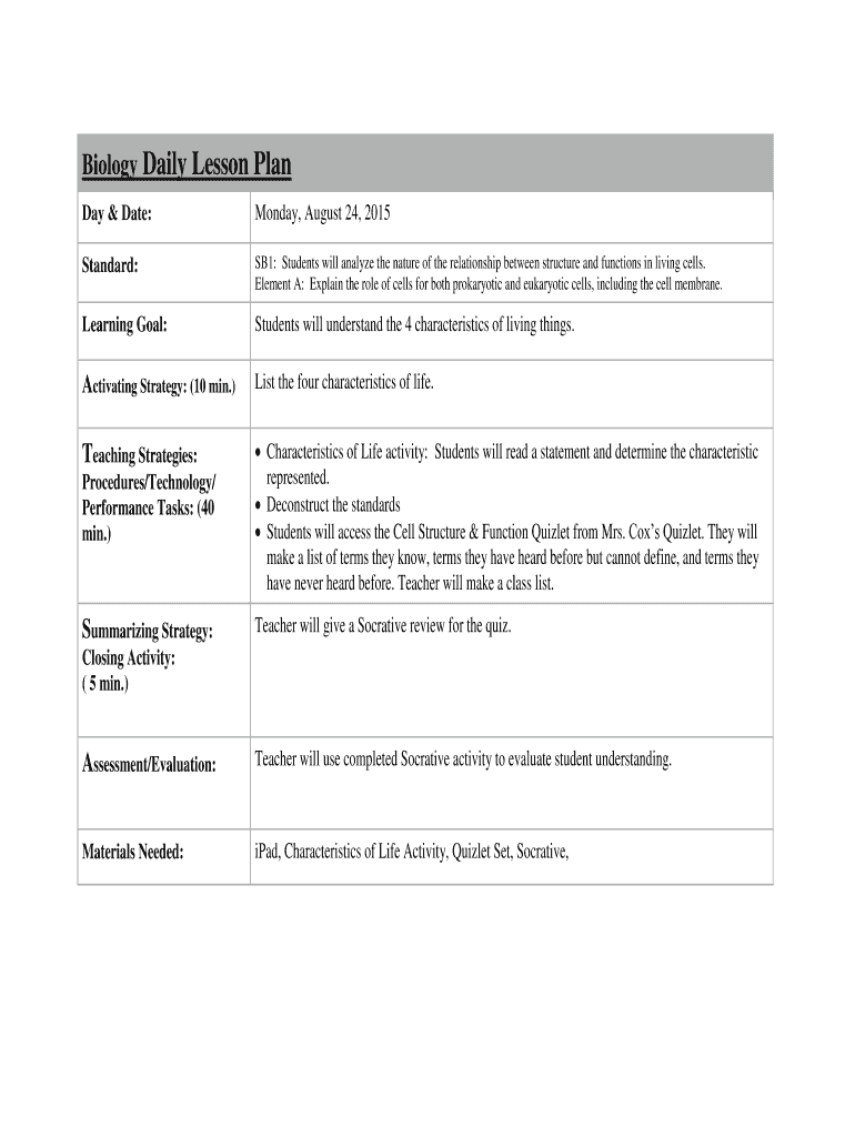 Fillable Online Biology Daily Lesson Plan Fax Email Print - pdfFiller