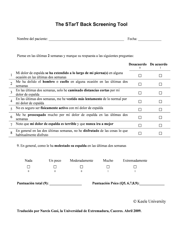Fillable Online The STarT Back Screening Tool Fax Email Print - pdfFiller