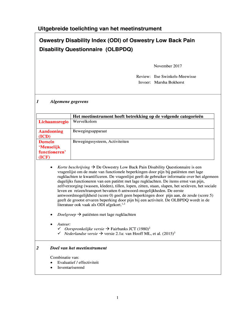 Fillable Online Oswestry Disability Index (ODI) of Oswestry Low Back ...