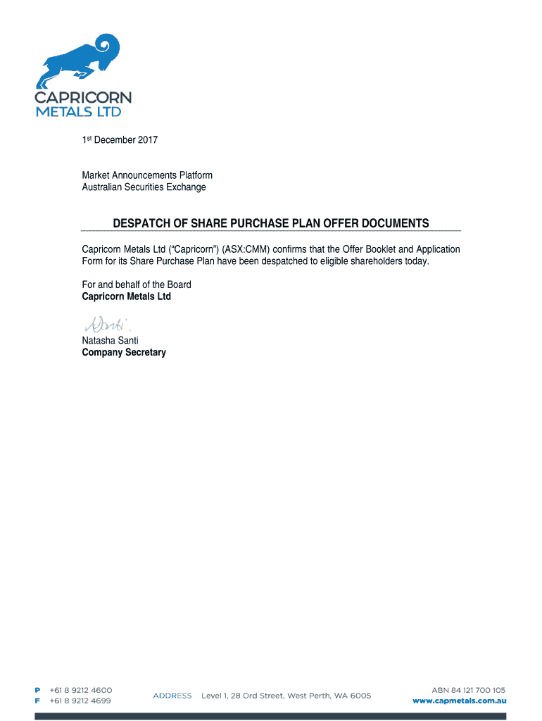 Fillable Online DESPATCH OF SHARE PURCHASE PLAN OFFER DOCUMENTS Fax ...
