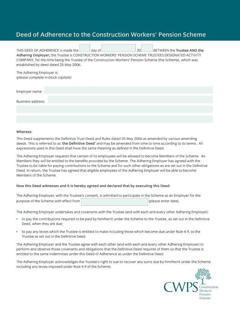 Fillable Online Deed of Adherence to the Construction Workers Pension ...