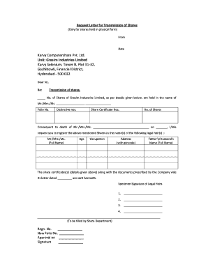 Fillable Online Request Letter for Transmission of Shares Fax Email ...