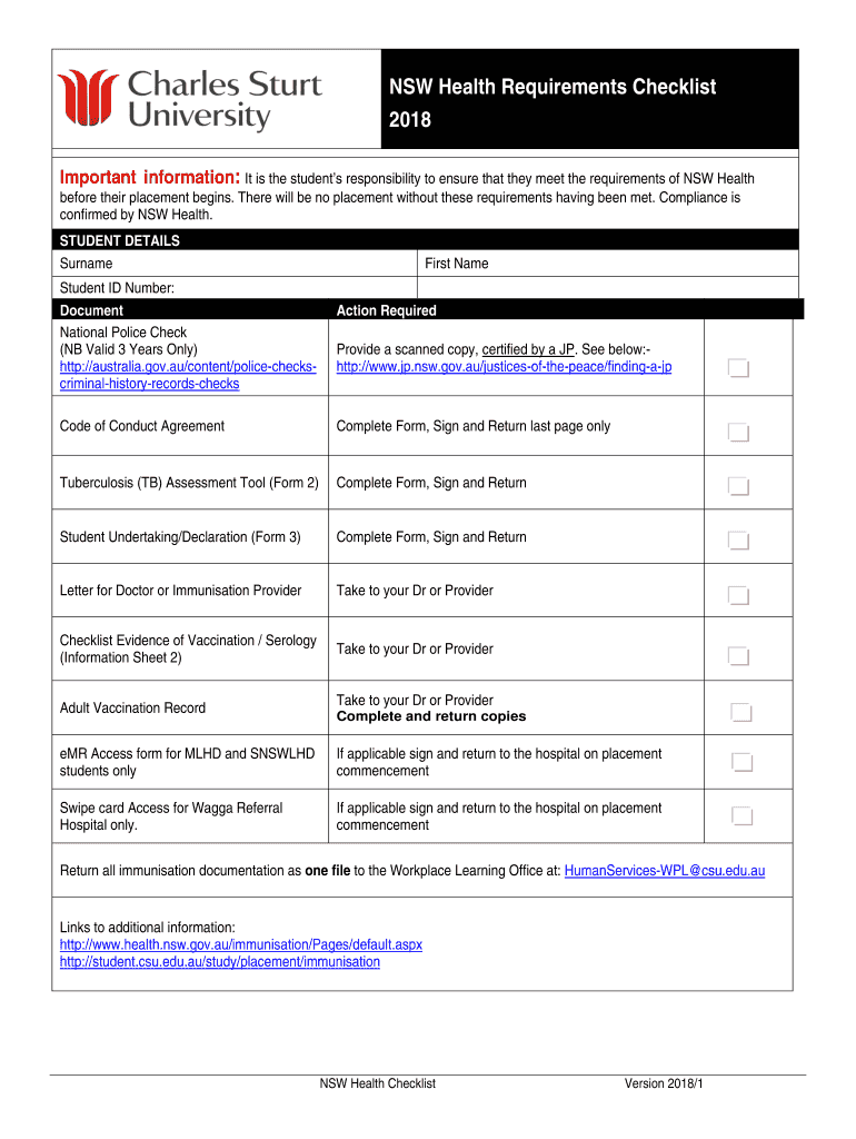 Fillable Online NSW Health Requirements Checklist Fax Email Print ...