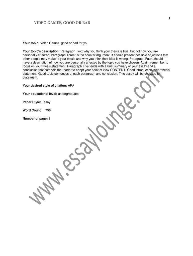 Fillable Online VIDEO GAMES, GOOD OR BAD Fax Email Print - pdfFiller