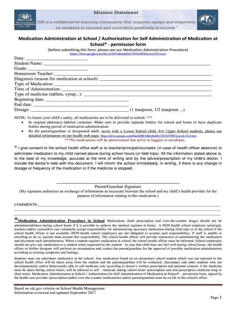 Fillable Online Medication Administration at School / Authorization for ...
