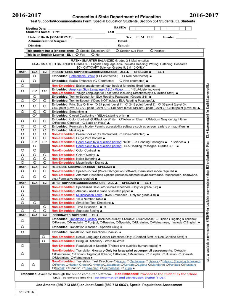 Fillable Online Test Supports/Accommodations Form: Special Education ...