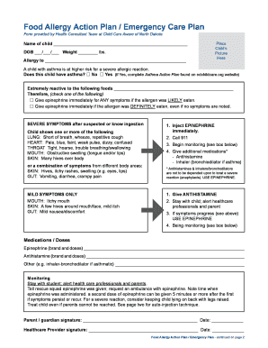 Fillable Online Food Allergy Action Plan / Emergency Care Plan Fax ...