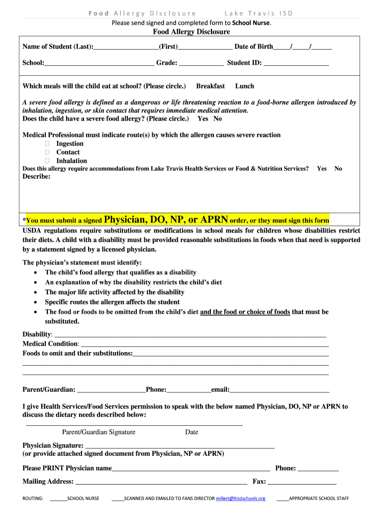 Fillable Online Food Allergy Disclosure Fax Email Print - pdfFiller