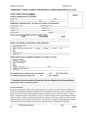 Fillable Online EMERGENCY FOOD ALLERGY AND SEVERE ALLERGY RESPONSE PLAN ...