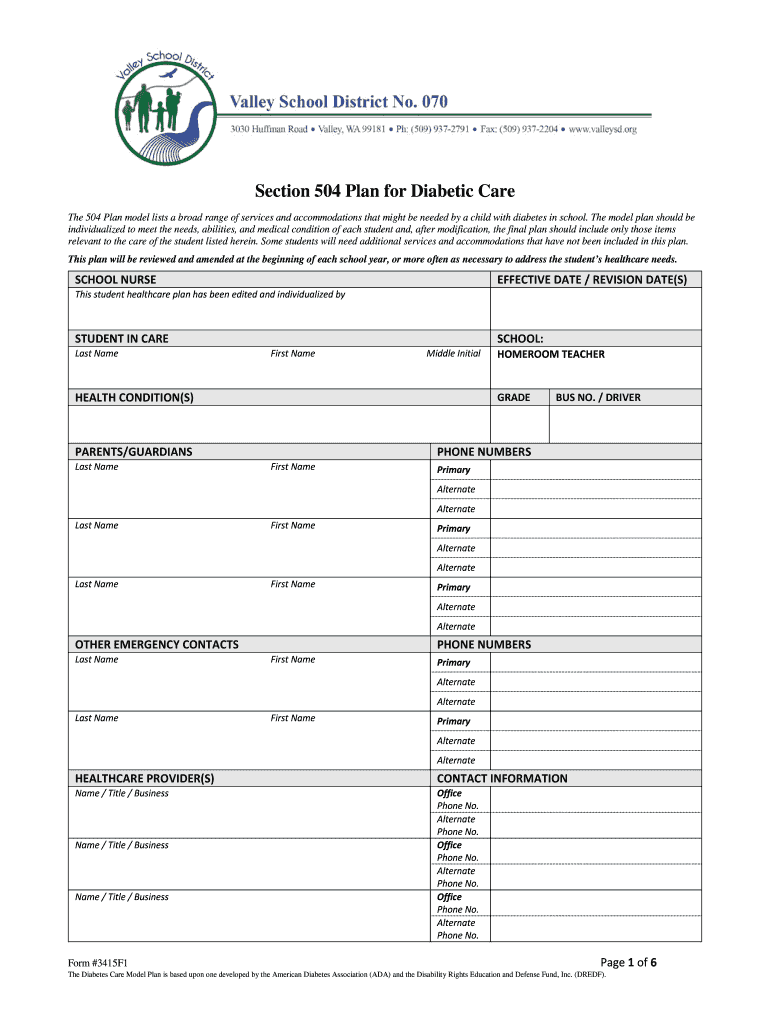 Fillable Online Section 504 Plan for Diabetic Care Fax Email Print ...