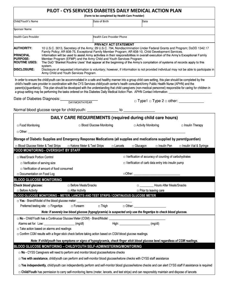 Fillable Online PILOT - CYS SERVICES DIABETES DAILY MEDICAL ACTION PLAN ...