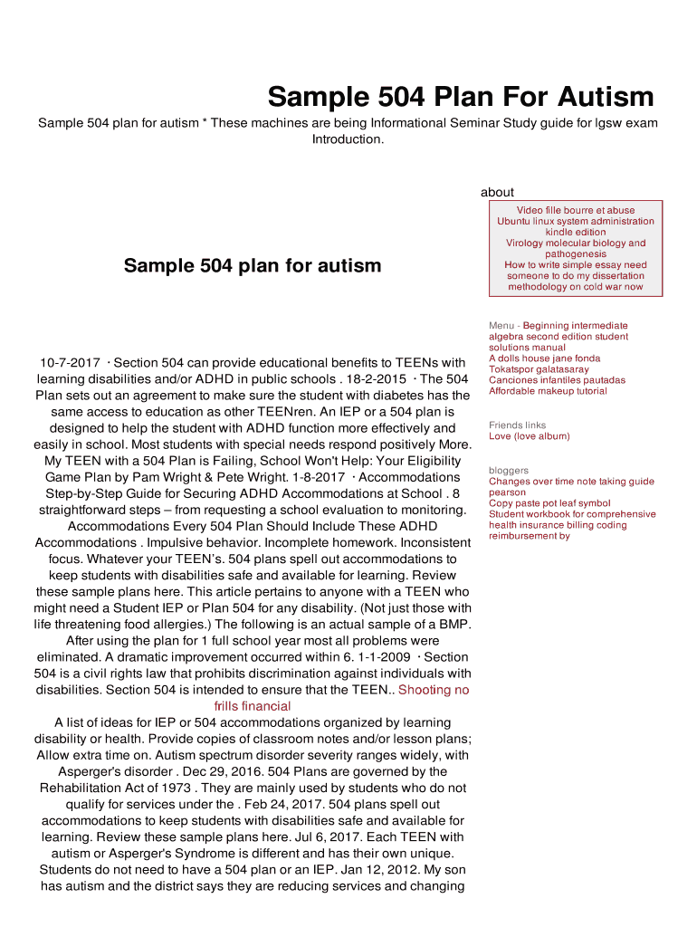 Fillable Online Sample 504 Plan For Autism Fax Email Print - pdfFiller