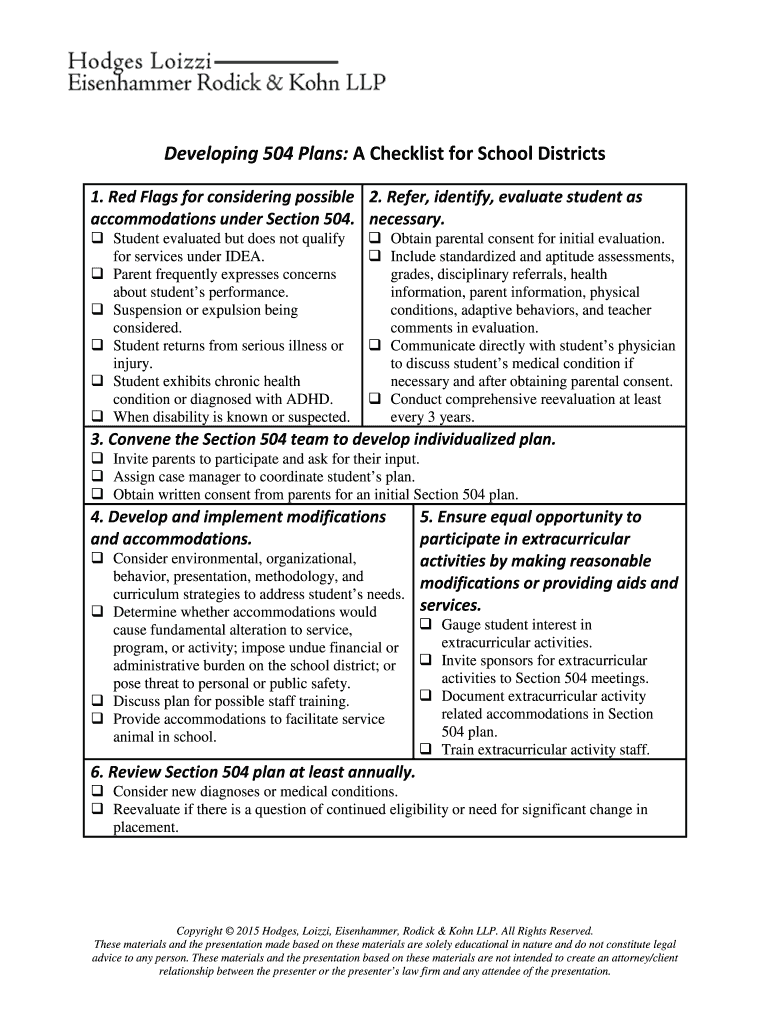 Fillable Online Developing 504 Plans: A Checklist for School Districts ...
