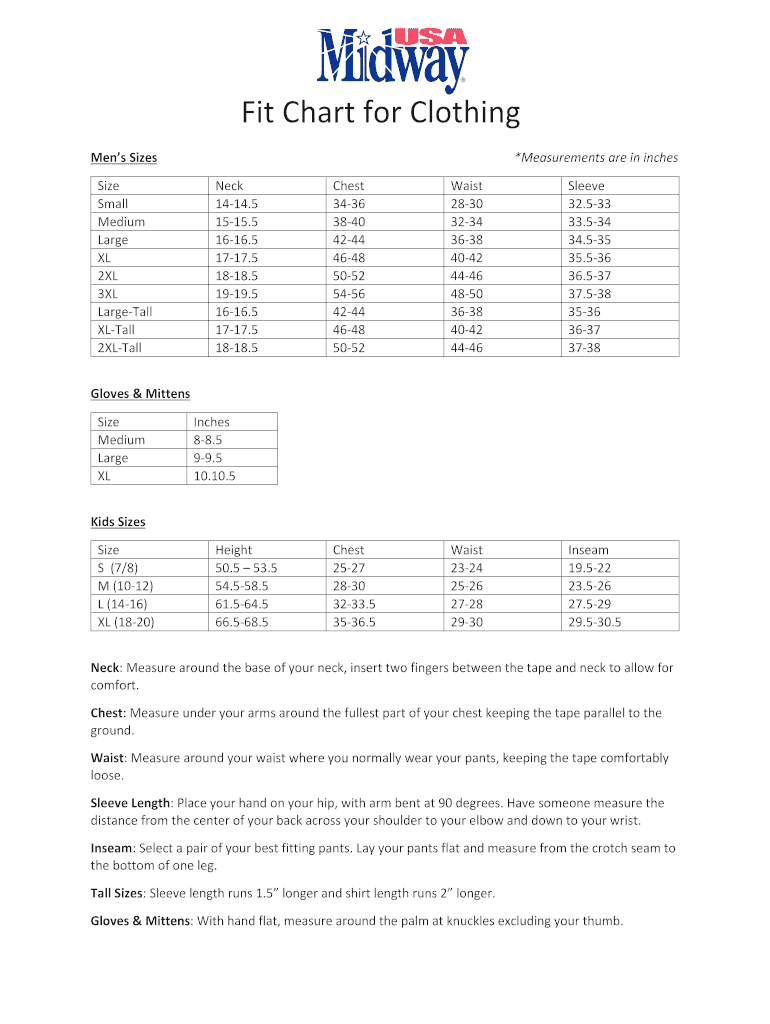 Fillable Online Fit Chart for Clothing Fax Email Print - pdfFiller
