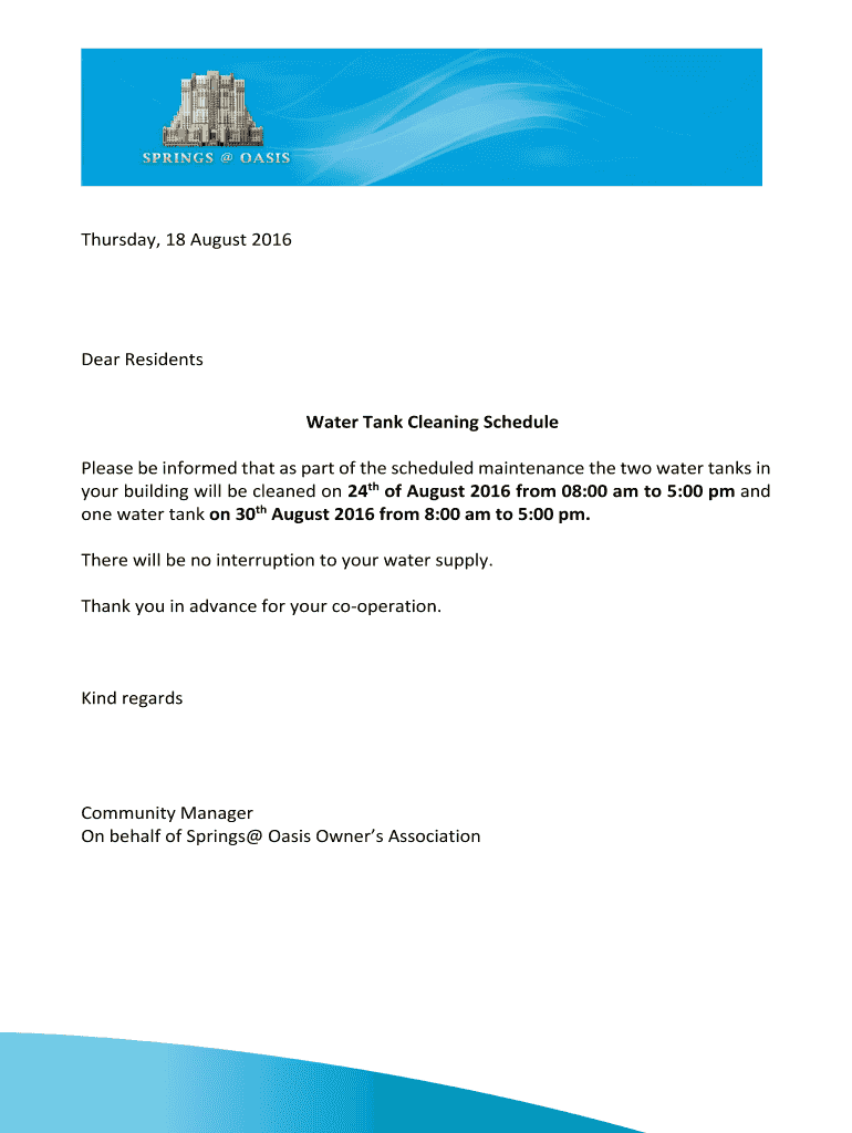 Fillable Online Water Tank Cleaning Schedule Fax Email Print - pdfFiller