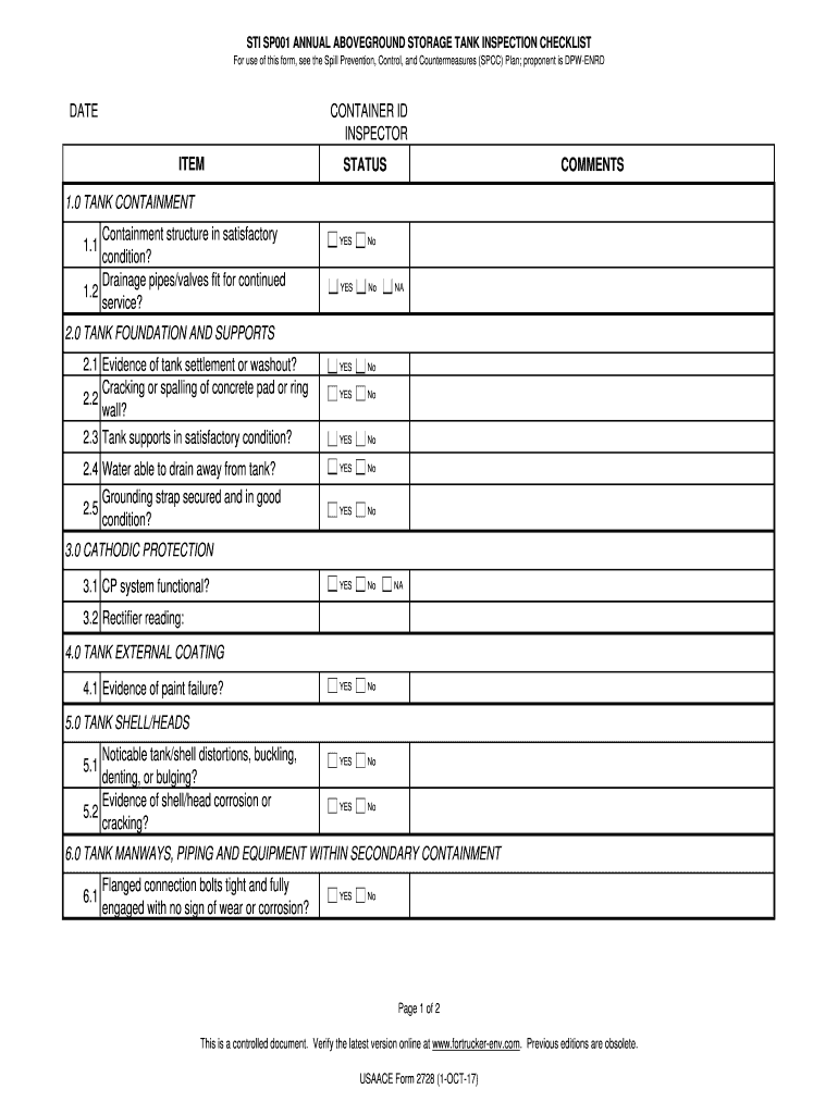 Fillable Online STI SP001 ANNUAL ABOVEGROUND STORAGE TANK INSPECTION ...