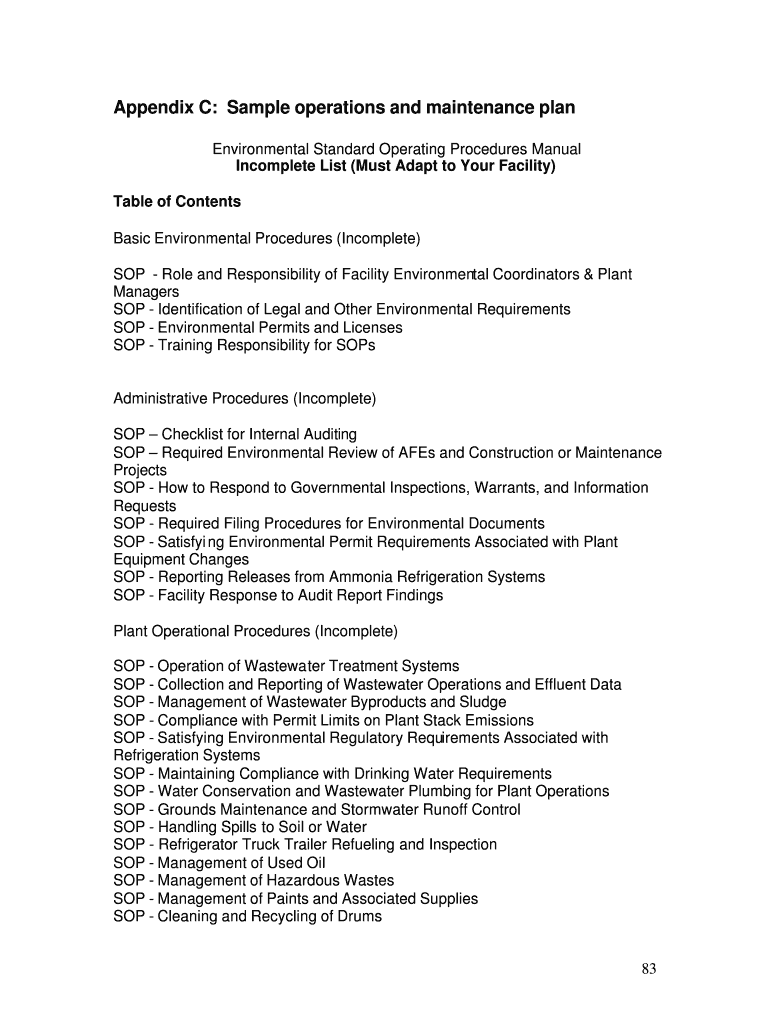 Fillable Online Appendix C: Sample operations and maintenance plan Fax ...