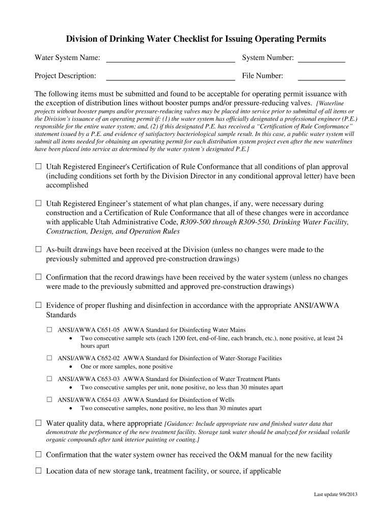 Fillable Online Division of Drinking Water Checklist for Issuing ...
