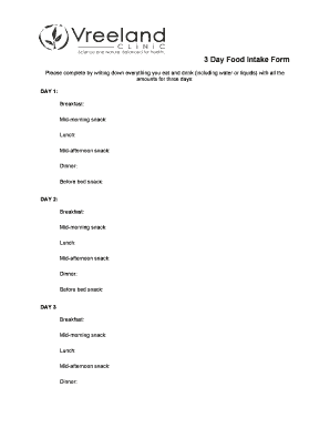 Fillable Online 3 Day Food Intake Form Fax Email Print - pdfFiller