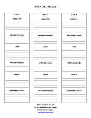 Fillable Online 3 DAY DIET RECALL Fax Email Print - pdfFiller