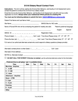 Fillable Online S1316 Dietary Recall Contact Form Fax Email Print ...