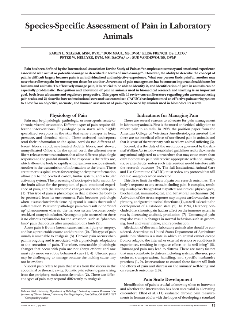 Fillable Online Species-Specific Assessment of Pain in Laboratory Fax ...