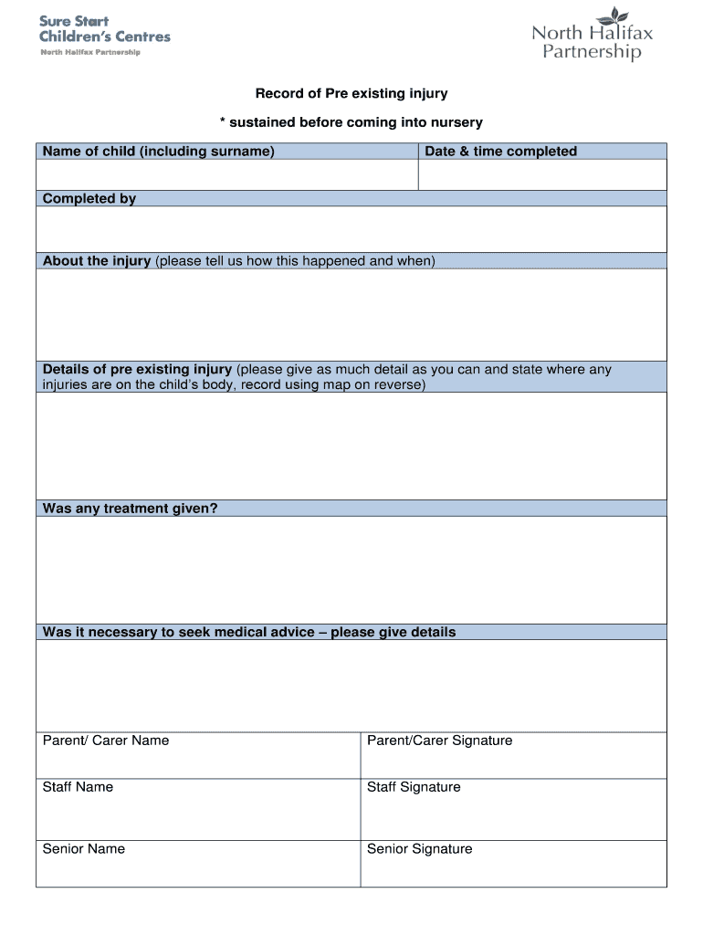 Fillable Online Record of Pre existing injury Fax Email Print - pdfFiller