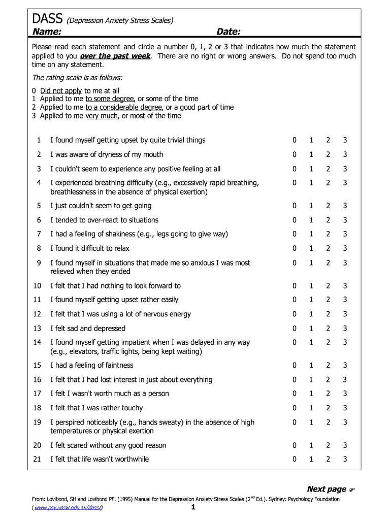 Fillable Online DASS (Depression Anxiety Stress Scales) Fax Email Print ...