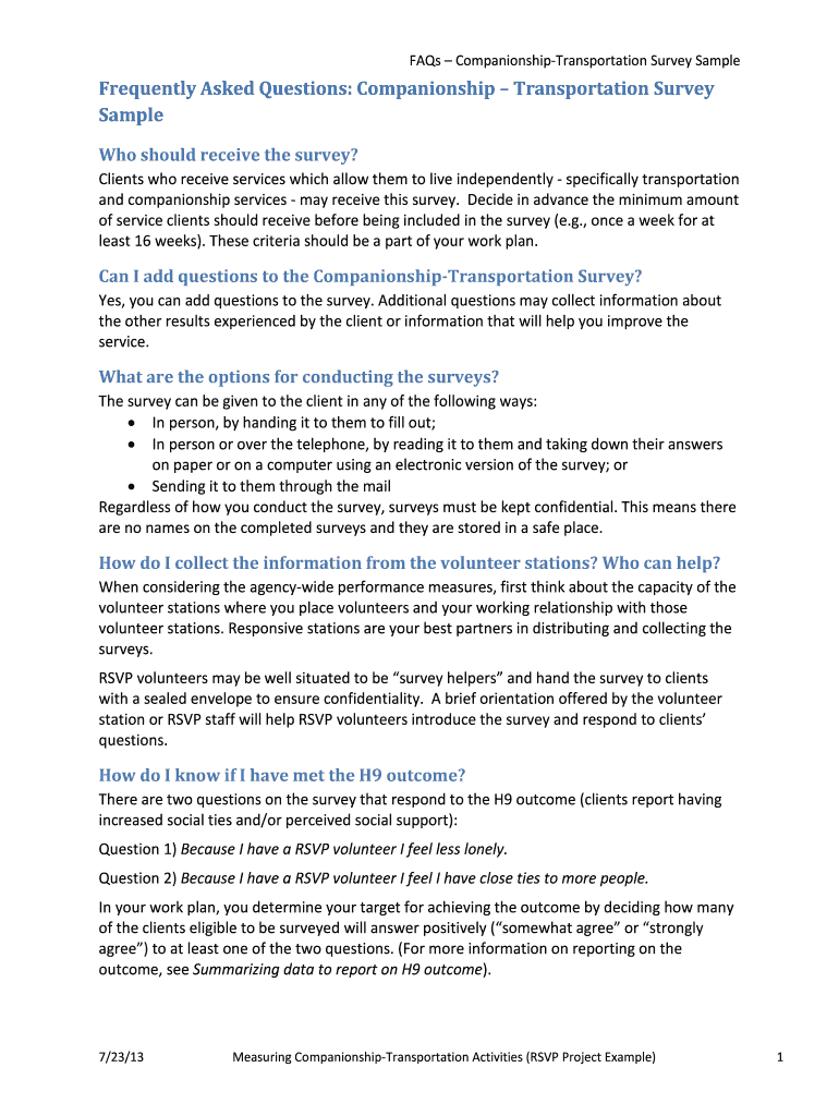 Fillable Online FAQs Companionship-Transportation Survey Sample Fax ...
