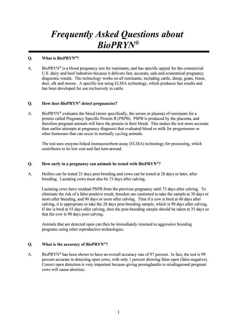 Fillable Online BioPRYN is a blood pregnancy test for ruminants, and ...