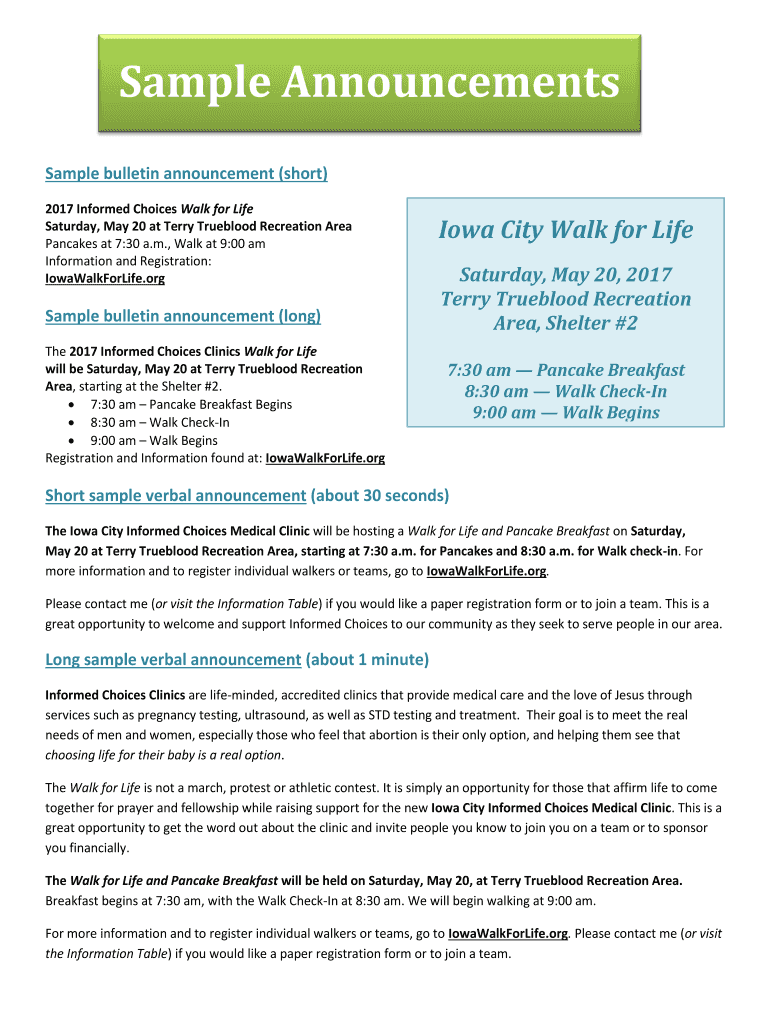 Fillable Online Sample bulletin announcement (short) Fax Email Print ...