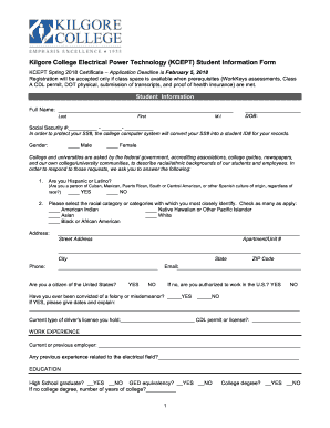 Fillable Online Kilgore College Electrical Power Technology (KCEPT) Student Information Form Fax ...