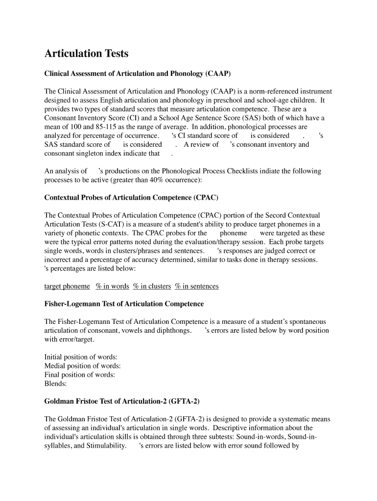 Fillable Online Articulation Tests Fax Email Print - pdfFiller