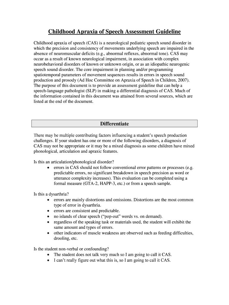 Fillable Online Childhood Apraxia of Speech Assessment Guideline Fax ...