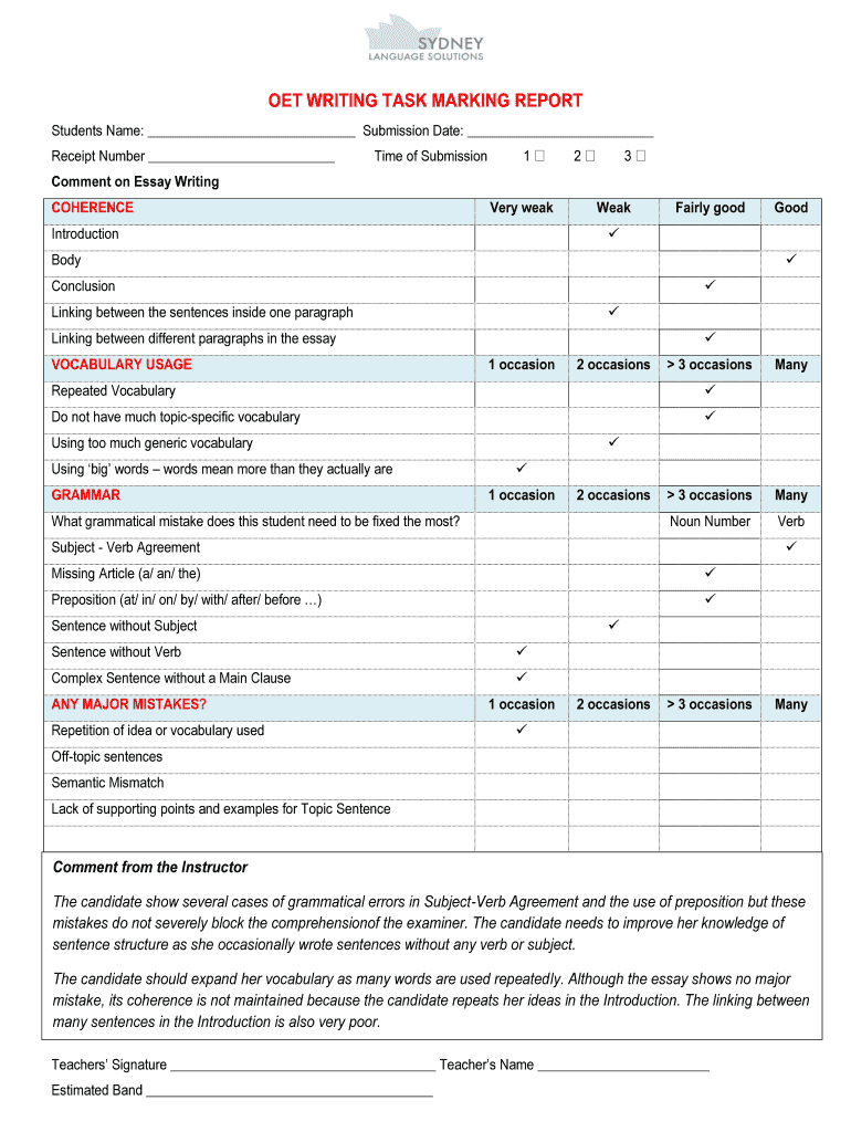Fillable Online OET WRITING TASK MARKING REPORT Fax Email Print - pdfFiller