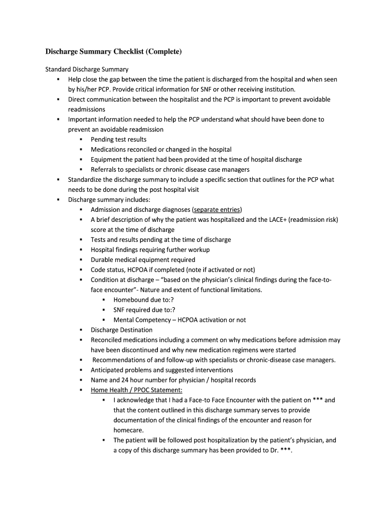 Fillable Online Discharge Summary Checklist (Complete) Fax Email Print ...