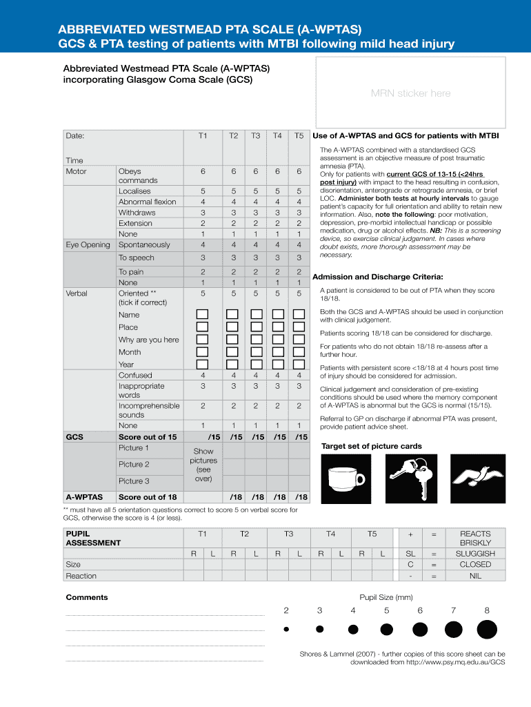 Fillable Online GCS & PTA testing of patients with MTBI following mild ...