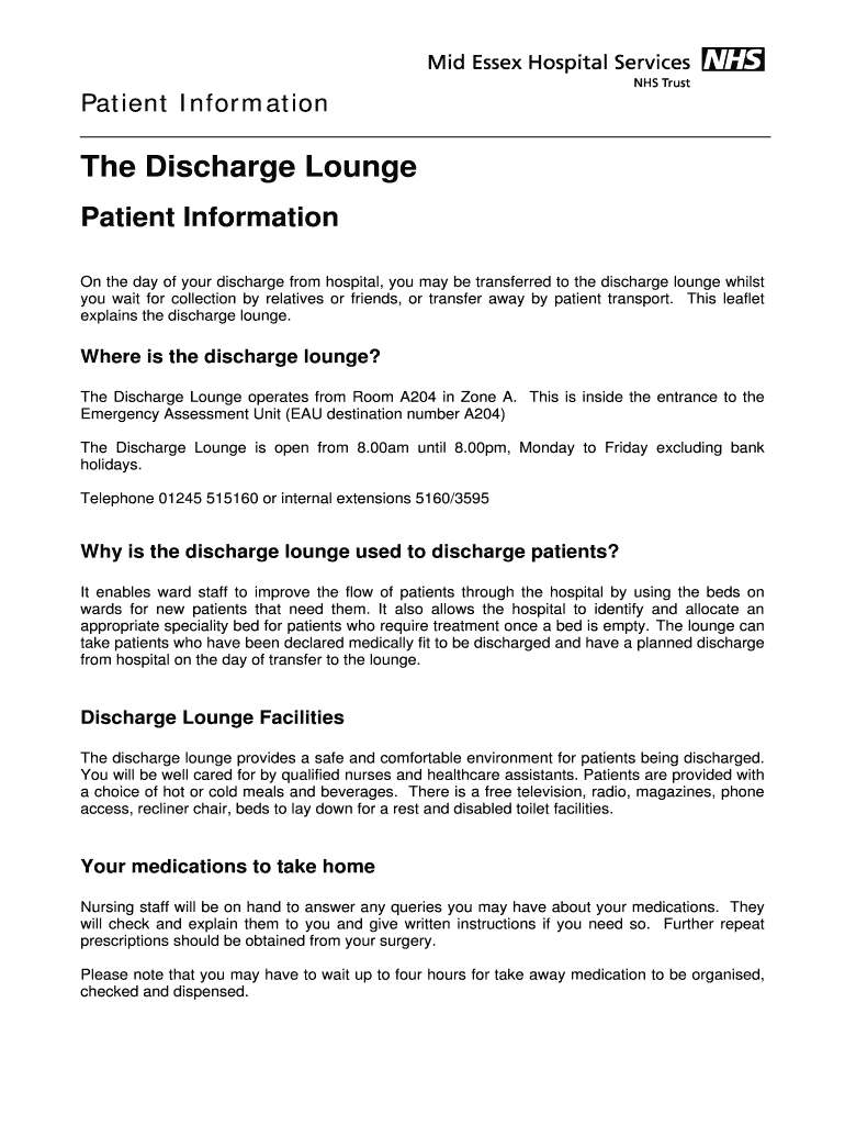 Fillable Online The Discharge Lounge Fax Email Print - pdfFiller