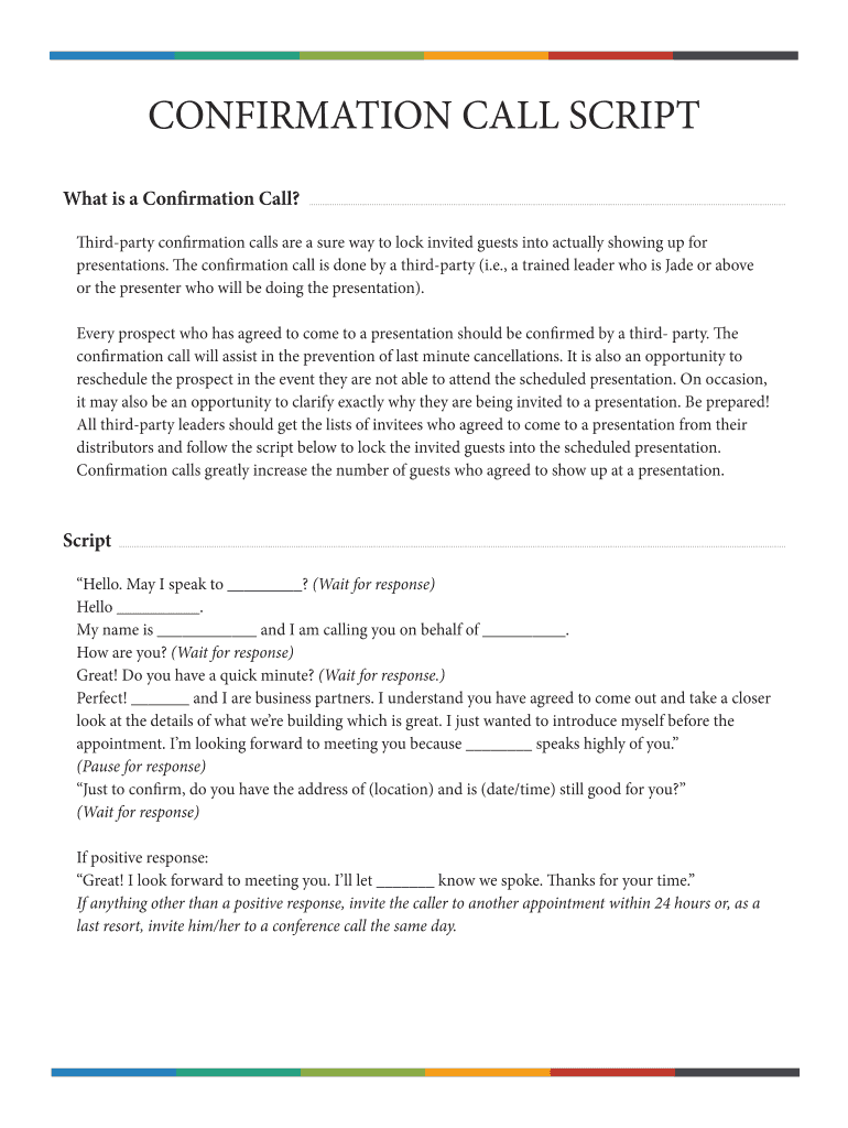 Fillable Online CONFIRMATION CALL SCRIPT Fax Email Print - pdfFiller