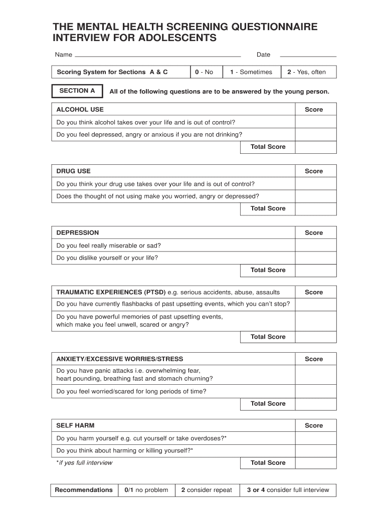 Fillable Online THE MENTAL HEALTH SCREENING QUESTIONNAIRE Fax Email ...