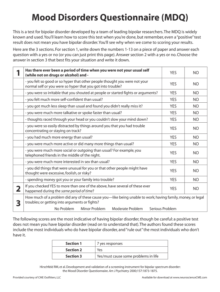 Fillable Online Mood Disorders Questionnaire (MDQ) Fax Email Print - pdfFiller