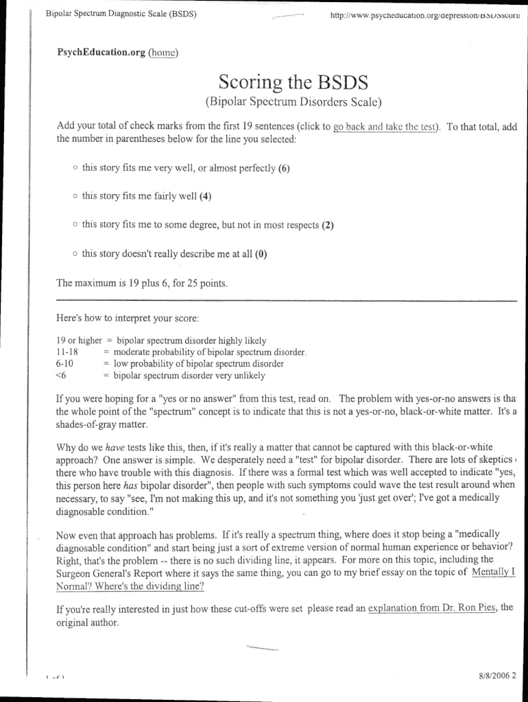 Fillable Online Bipolar Spectrum Diagnostic Scale (BSDS) Fax Email Print - pdfFiller