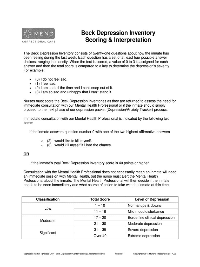 Fillable Online Beck Depression Inventory Fax Email Print - pdfFiller
