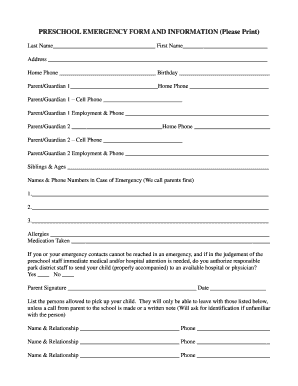 Fillable Online PRESCHOOL EMERGENCY FORM AND INFORMATION (Please Print ...